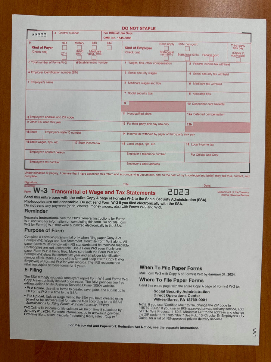 W-3 Tax Form, 2-Pt Form With C – Jerrol's